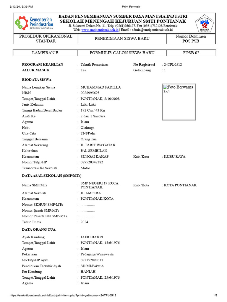 Formulir Penerimaan Siswa Baru SMTI | PDF