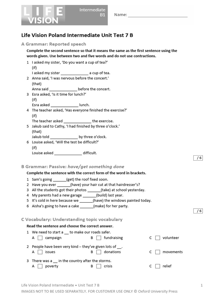 Life Vision Intermediate Unit Test 7 B | PDF