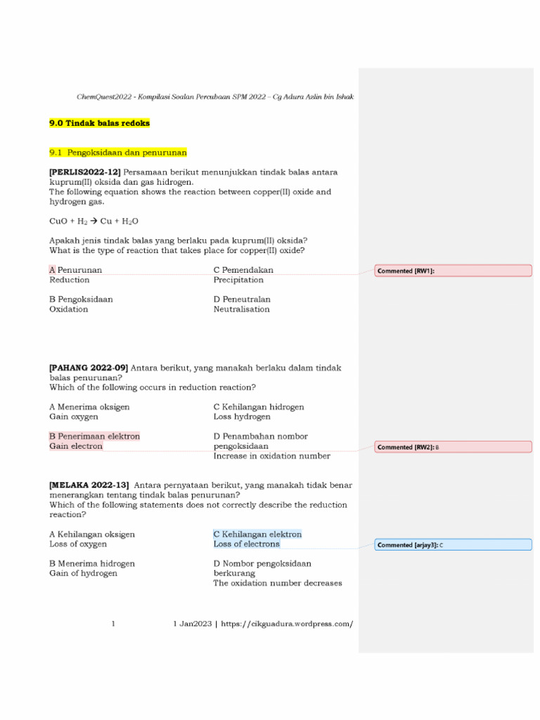 Chemquest2023 Ting 5 Bab 01 Jawapan | PDF