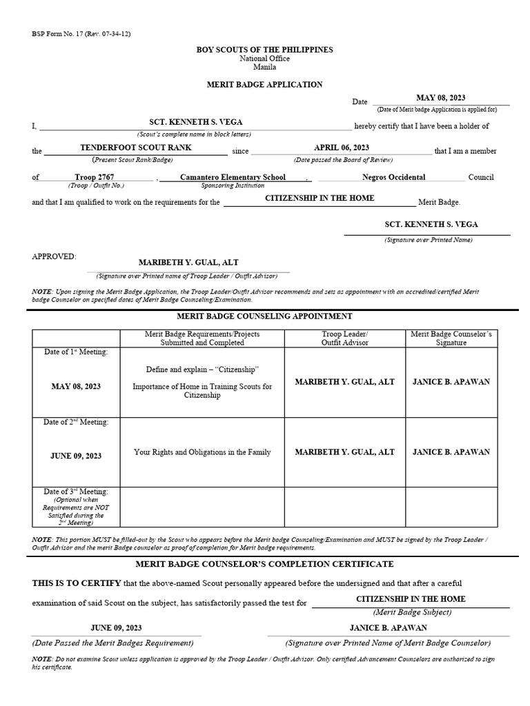 Merit Badge Application for Citizenship | PDF | Youth Movements | Outdoor Recreation