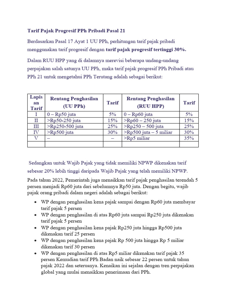 Tarif Pajak Progresif PPh 21 2022 | PDF | Ilmu Sosial