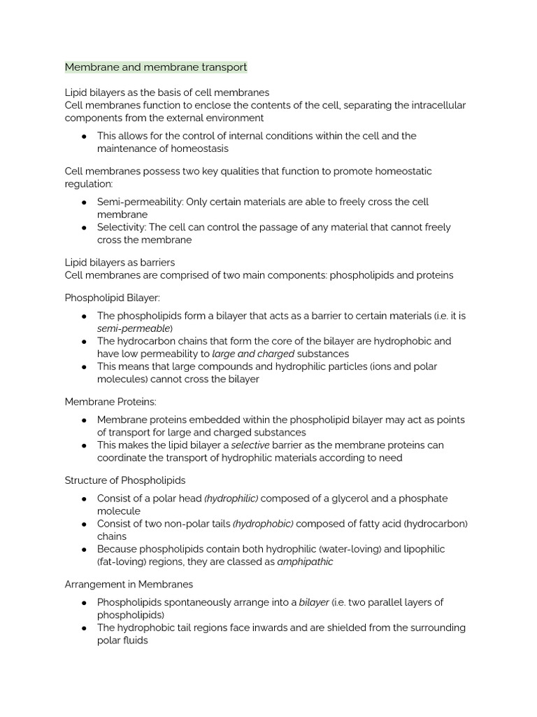 Membrane Transport and Structure Overview | PDF | Cell Membrane | Lipid ...