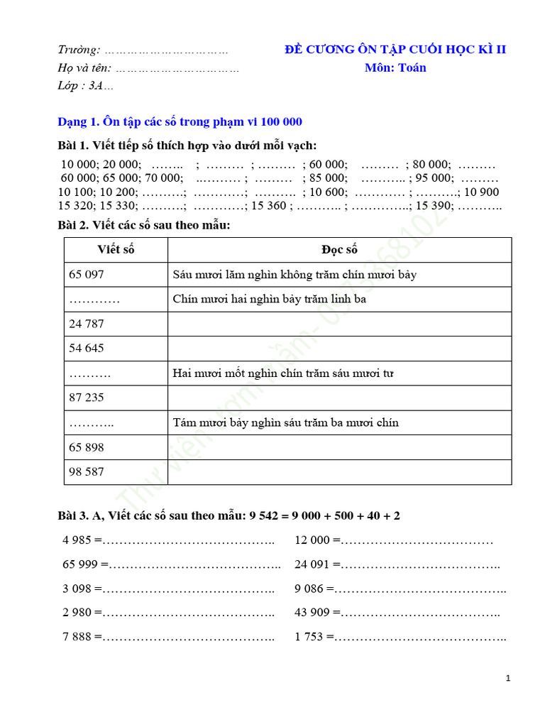 đề cương ck2 toán lớp 3 | PDF