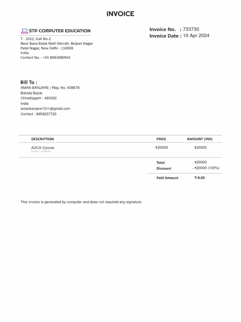 ADCA Course Invoice Details | PDF