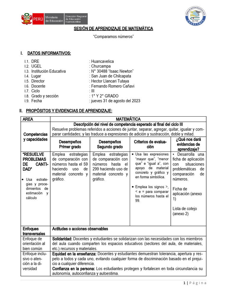 SESION DE APRENDIZAJE Comparamos y Ordenamos Números | PDF | Modificación de comportamiento ...