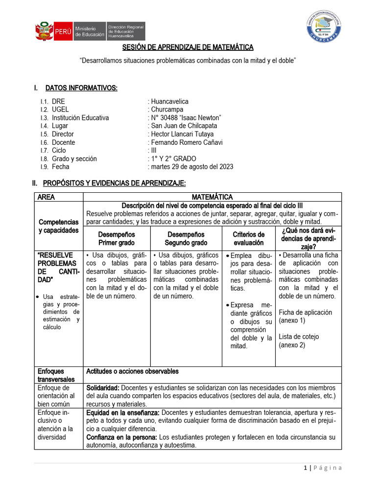 SESION DE APRENDIZAJE El La Mitad y El Doble de Un Número | PDF | Enseñando | Evaluación