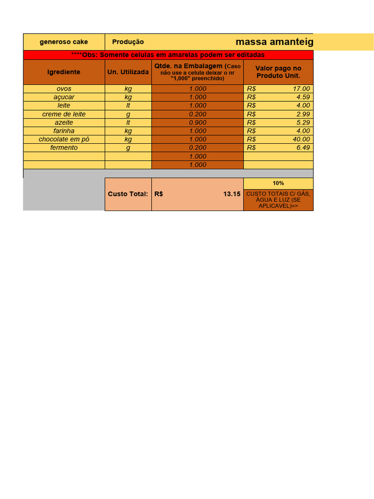 Planilha Precificação Do Generoso Cake 2 | Download grátis PDF | Alimentos
