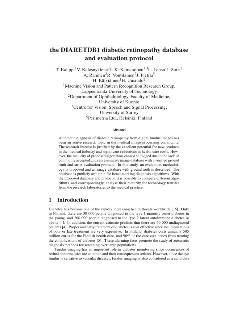 2007 - The DIARETDB1 Diabetic Retinopathy Database and Evaluation ...