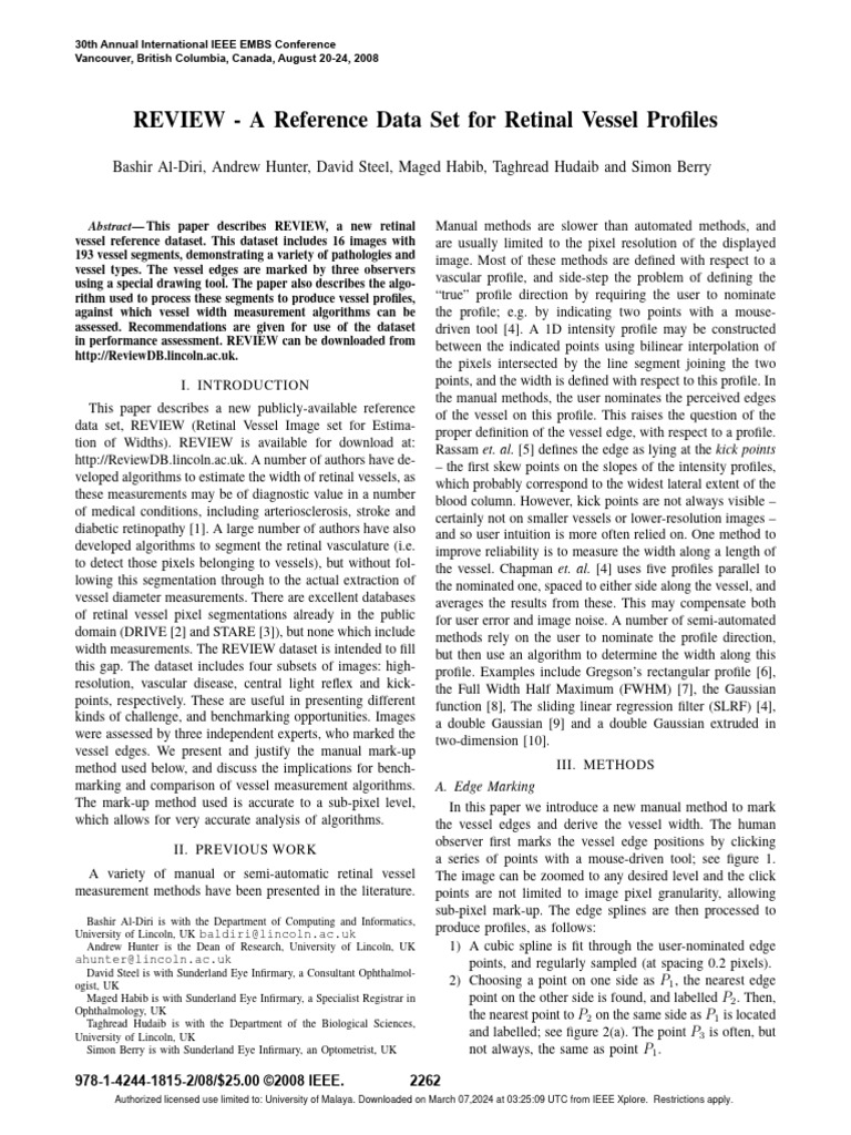 2008 REVIEW - A Reference Data Set for Retinal Vessel Profiles | PDF ...