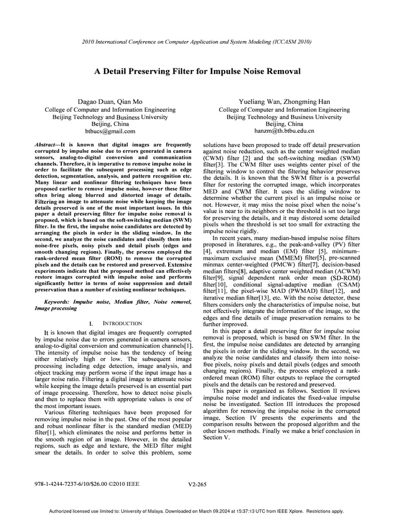 2010 A Detail Preserving Filter For Impulse Noise Removal Download Free Pdf Filter Signal 