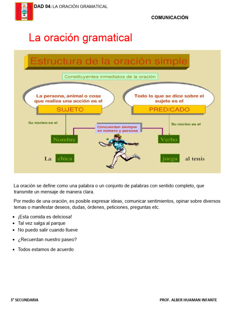 Ficha - 4 - Sec-3ro - La Oracion Gramatical | PDF | Asunto (gramática) | Oración (Lingüística)