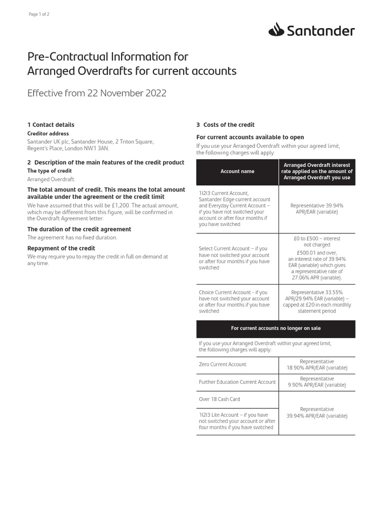 Pre Contract Information For Overdraft | PDF | Transaction Account | Overdraft
