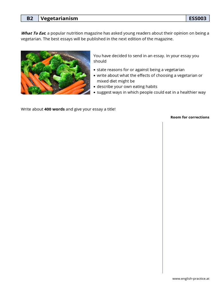 Essay - Vegetarianism - PDF Writing Tasks - B2 - ESS003 | PDF