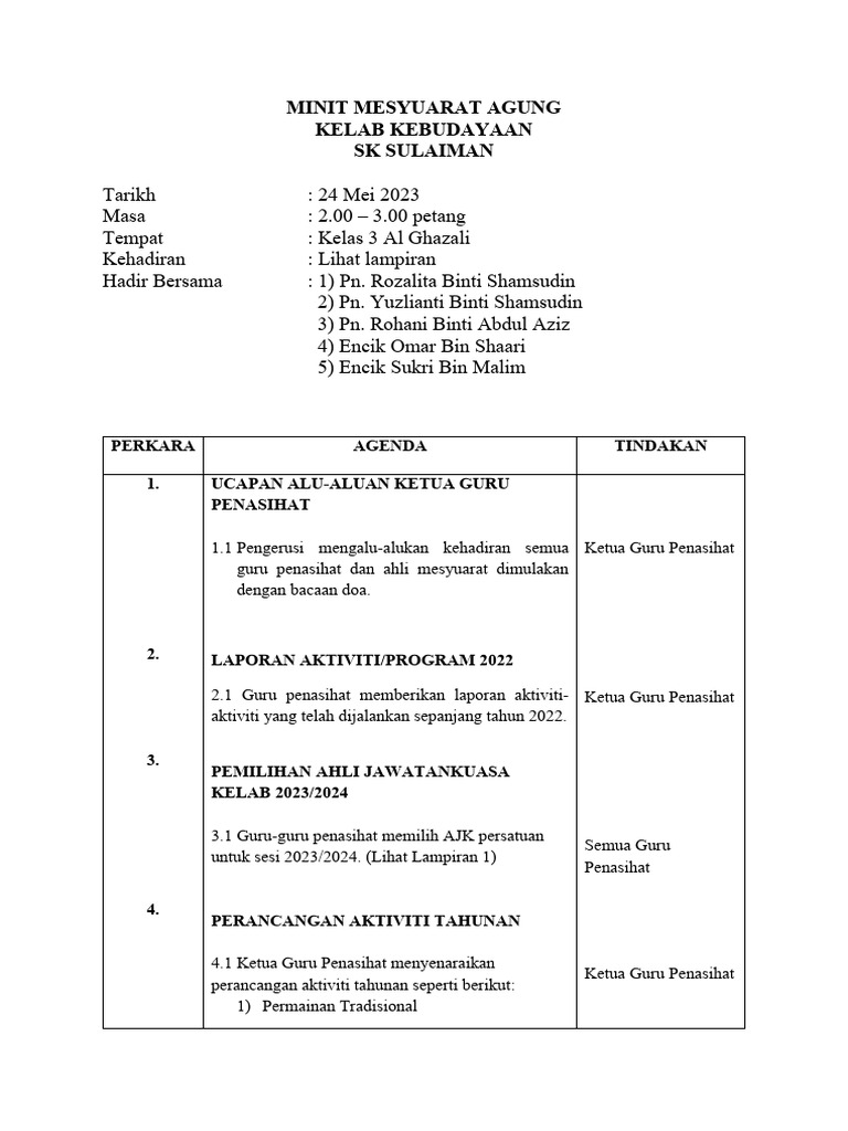 Minit Mesyuarat Kelab Kebudayaan | PDF