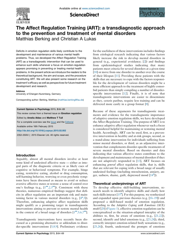 The Affect Regulation Training (ART) : A Transdiagnostic Approach To ...