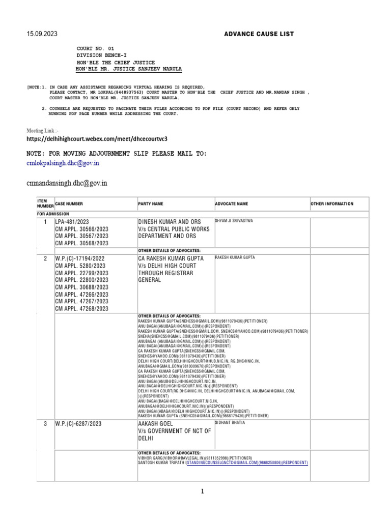 Delhi High Court Advance Cause List | PDF | Government Of India | Delhi