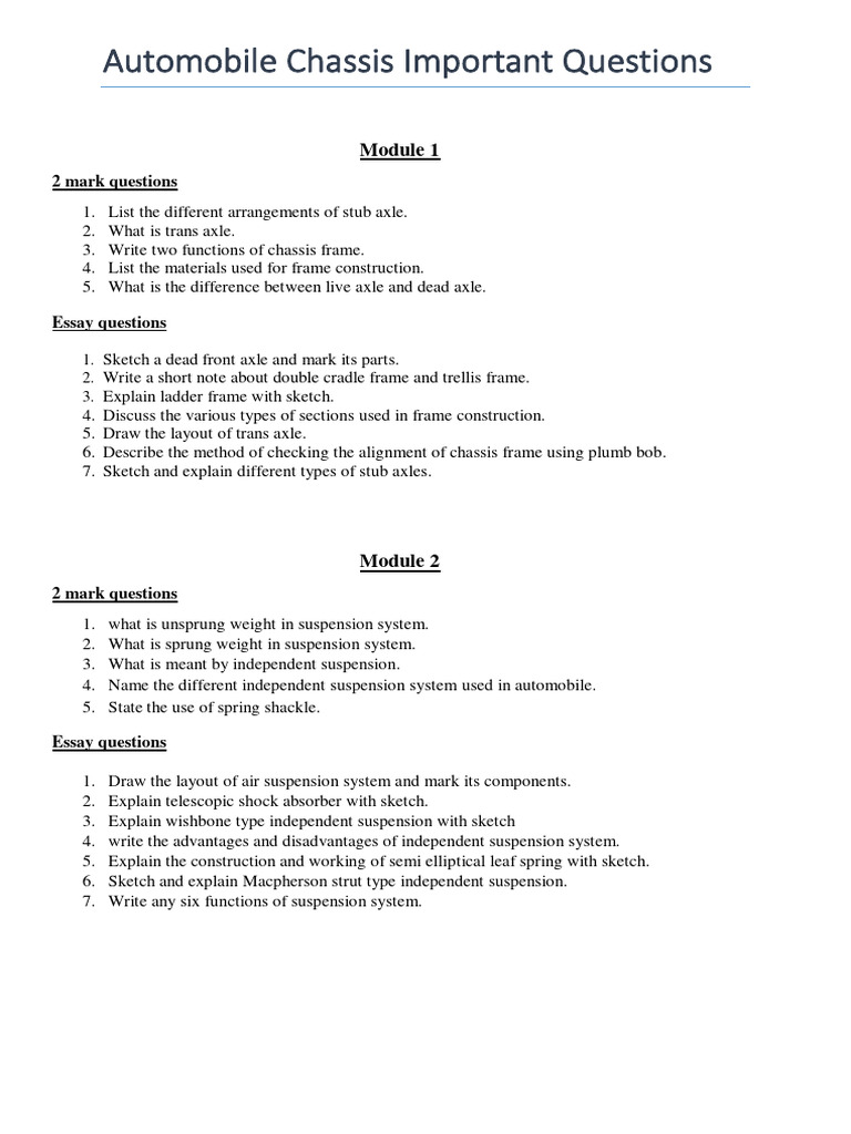 Automobile Chassis Important Questions | PDF | Steering | Brake