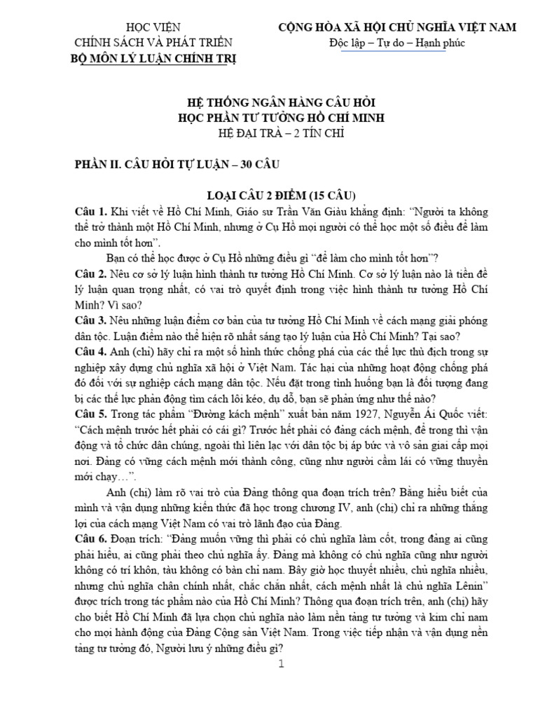 30 Câu TL TTHCM - ĐT - G I SV | PDF