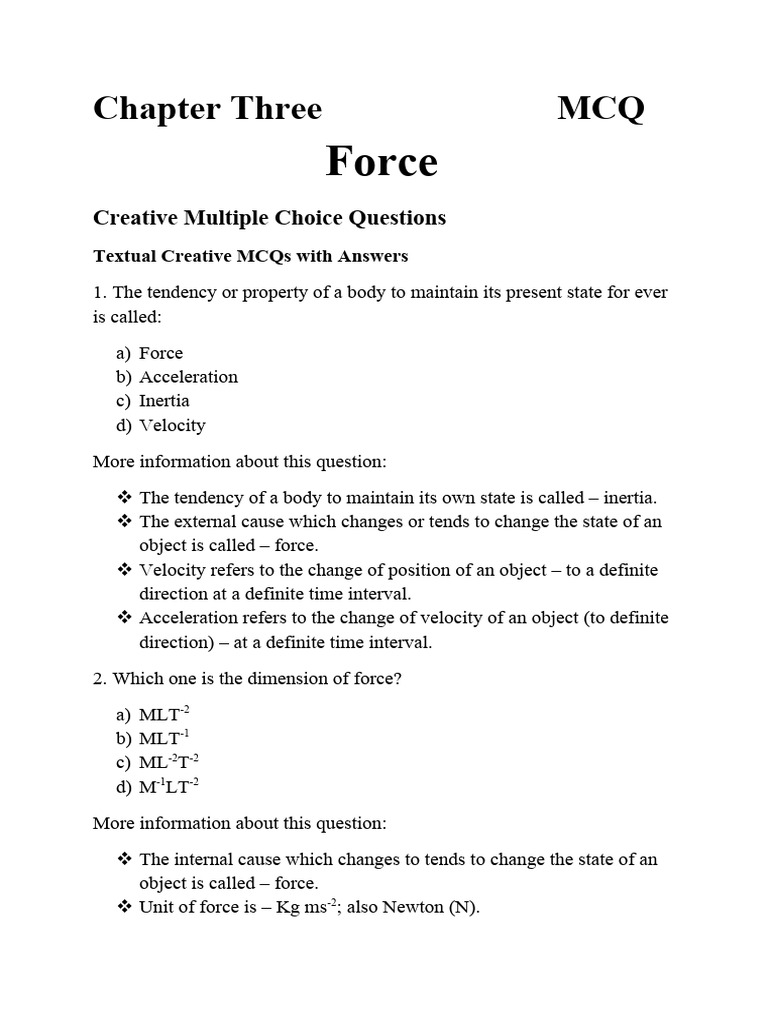 Force MCQ (21-9-21) | PDF | Force | Momentum