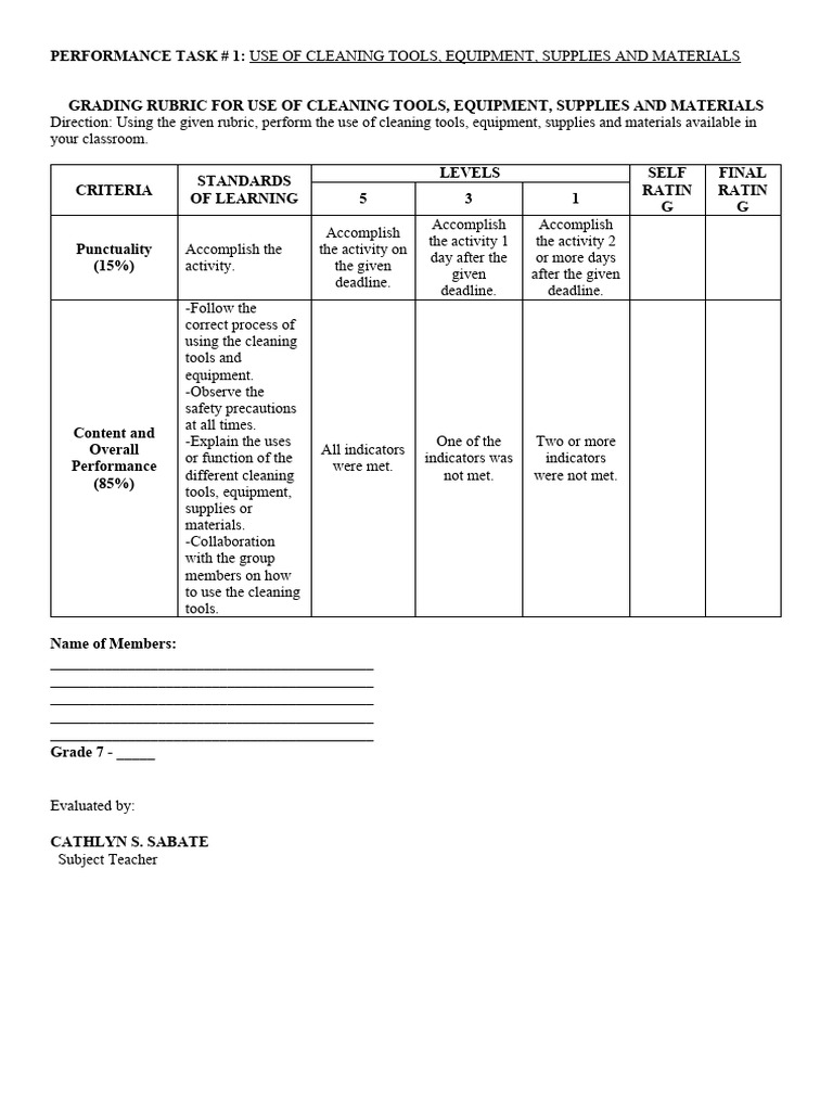 TLE Performance Task: Cleaning Tools Usage | PDF | Rubric (Academic ...