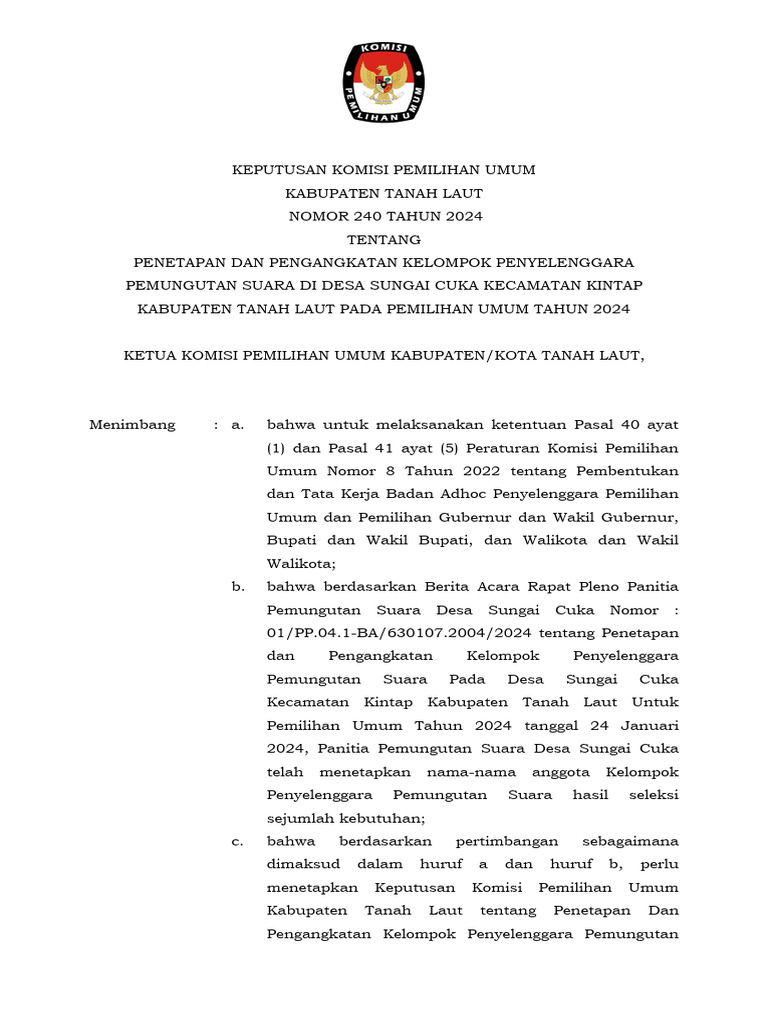 FORMAT KEPUTUSAN PENGANGKATAN KPPS V 2024 | PDF