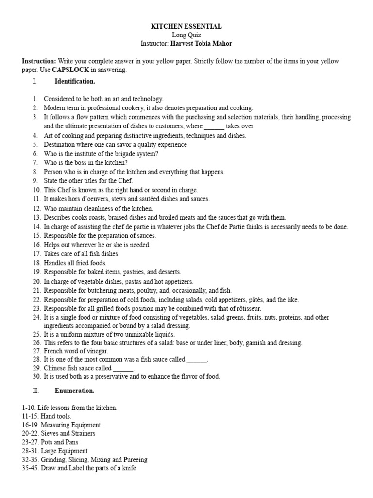 Kitchen Essentials Quiz Guide | PDF | Chef | Salad