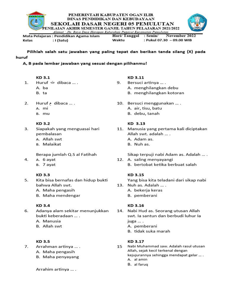 Soal Pas Agama Kelas 1 & 2 | PDF