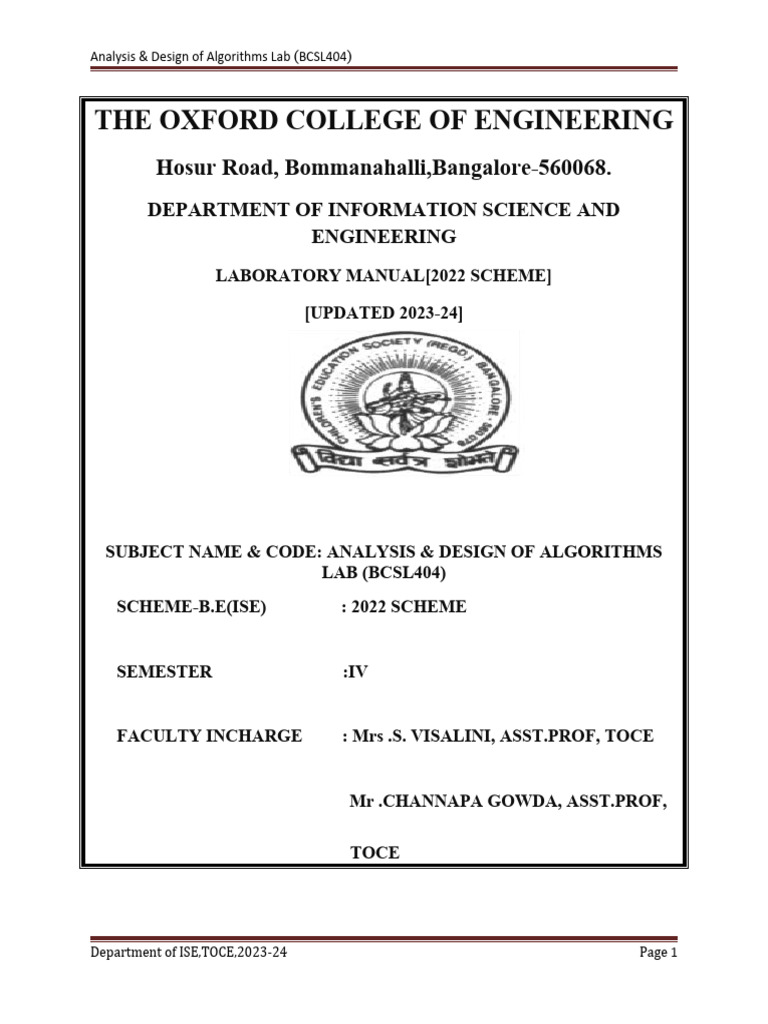 ADA Lab Manual Updated 2023-24 | PDF | Discrete Mathematics | Mathematical Relations