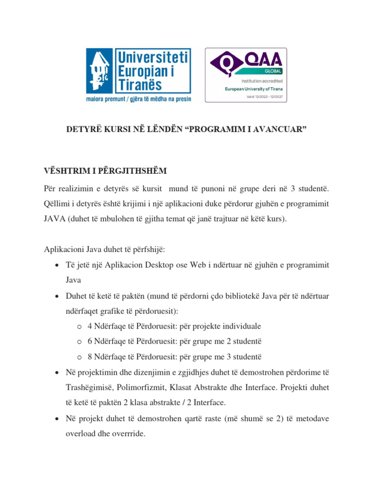 Temat e Detyrave Në Programim I Avancuar | PDF