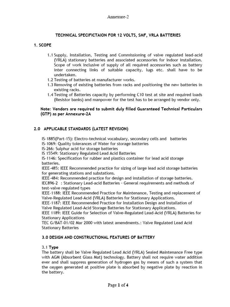 SMF VRLA Battery Technical Specifications | PDF | Electrical ...
