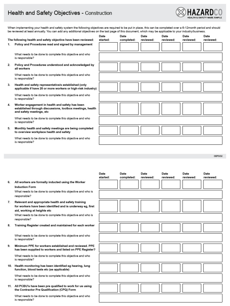 356034-1 Const - Health and Safety Objectives - Interactive - 0 | PDF | Occupational Safety And ...