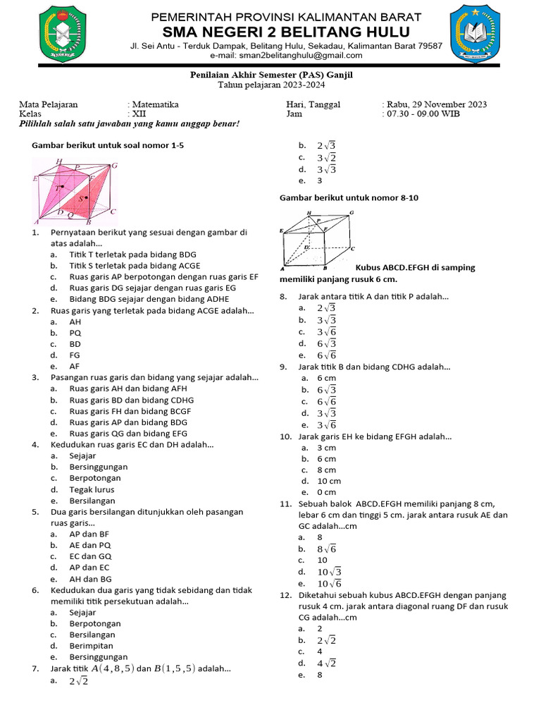 Soal Pas Matematika Kelas Xii 2023 2024 | PDF