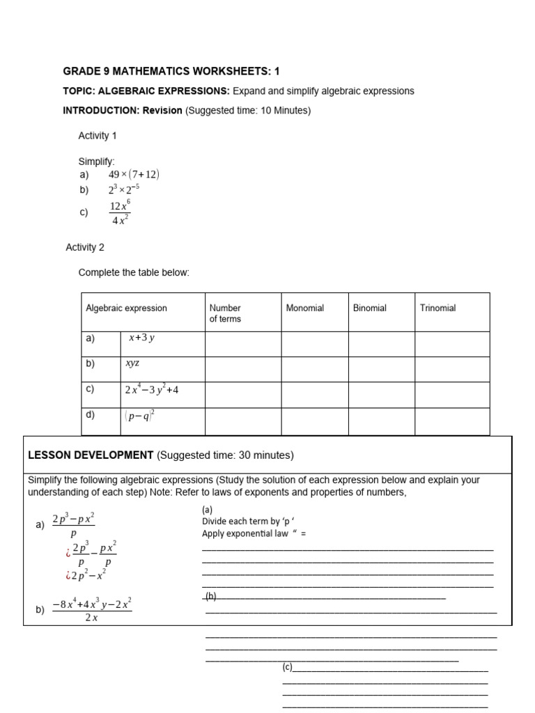 Grade 9 Algebraic Expressions Worksheets | PDF | Factorization | Algebra