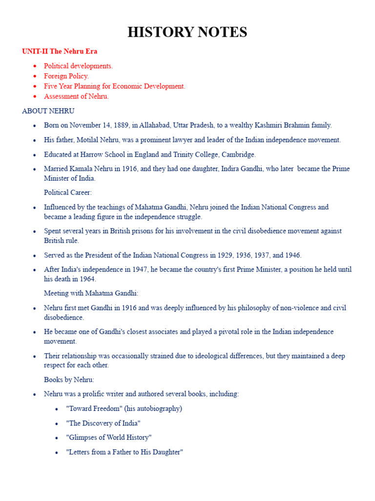 History Notes | PDF | Jawaharlal Nehru | Bharatiya Janata Party