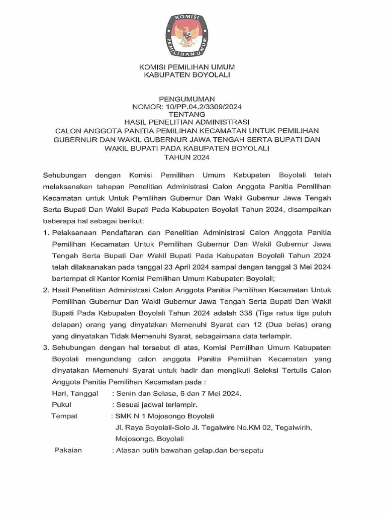 Hasil Seleksi Administrasi PPK Boyolali | PDF