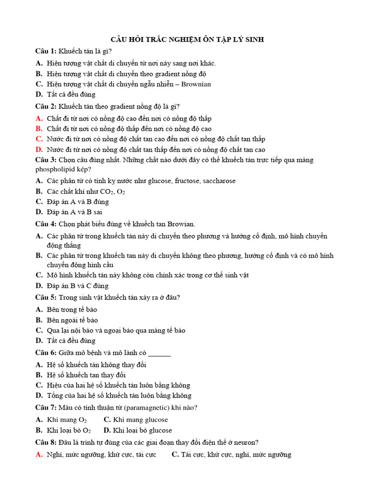 Trắc Nghiệm Ôn Tập Lys Sinh | PDF