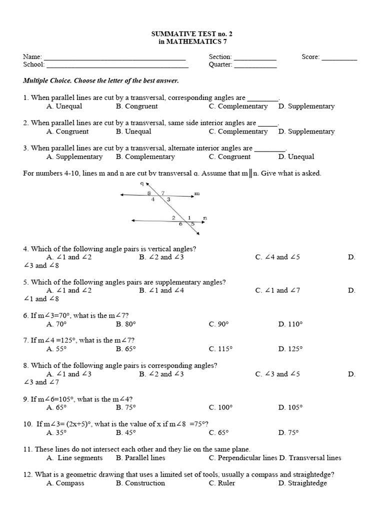 SUMMATIVE No 2 WEEK 3 & 4 MATH 7 | PDF | Angle | Mathematical Concepts