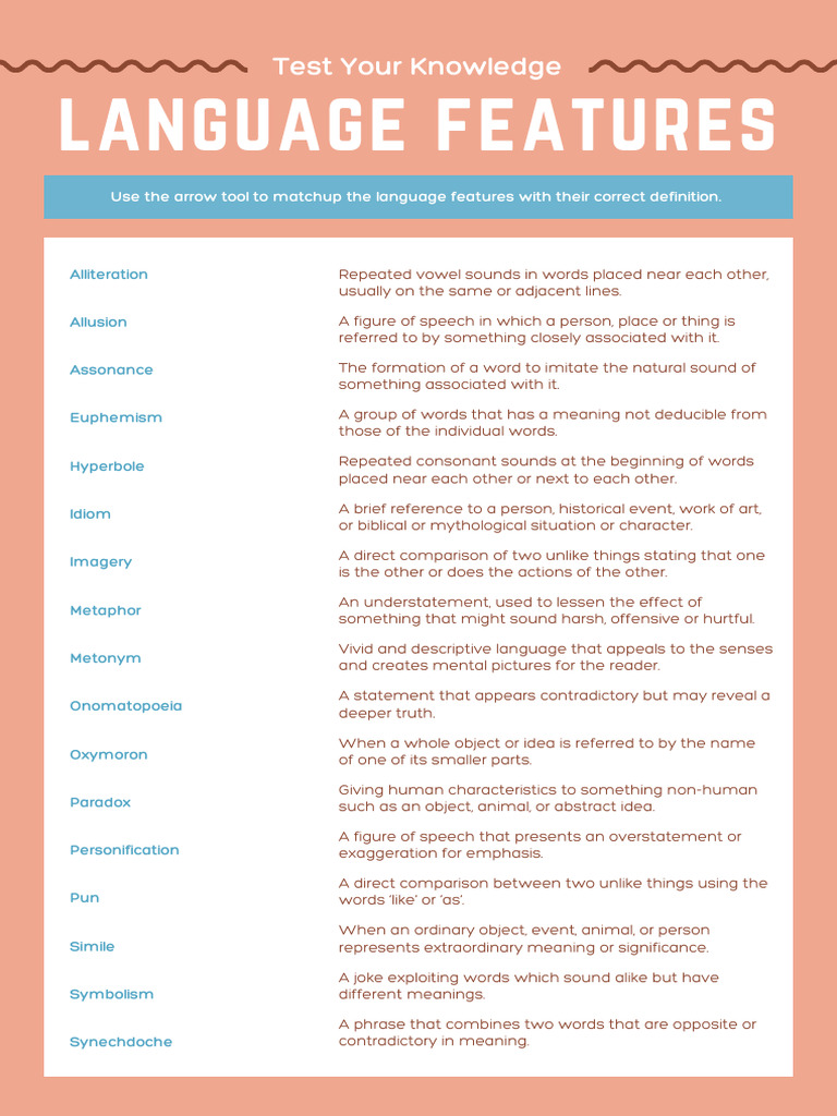Language Features Matching Quiz | PDF | Linguistics | Semiotics