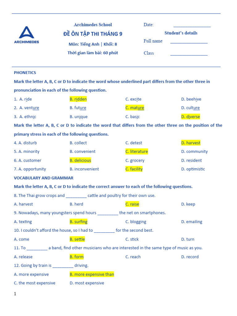 H.Đề Ôn TẬP - T9 | PDF | Adolescence