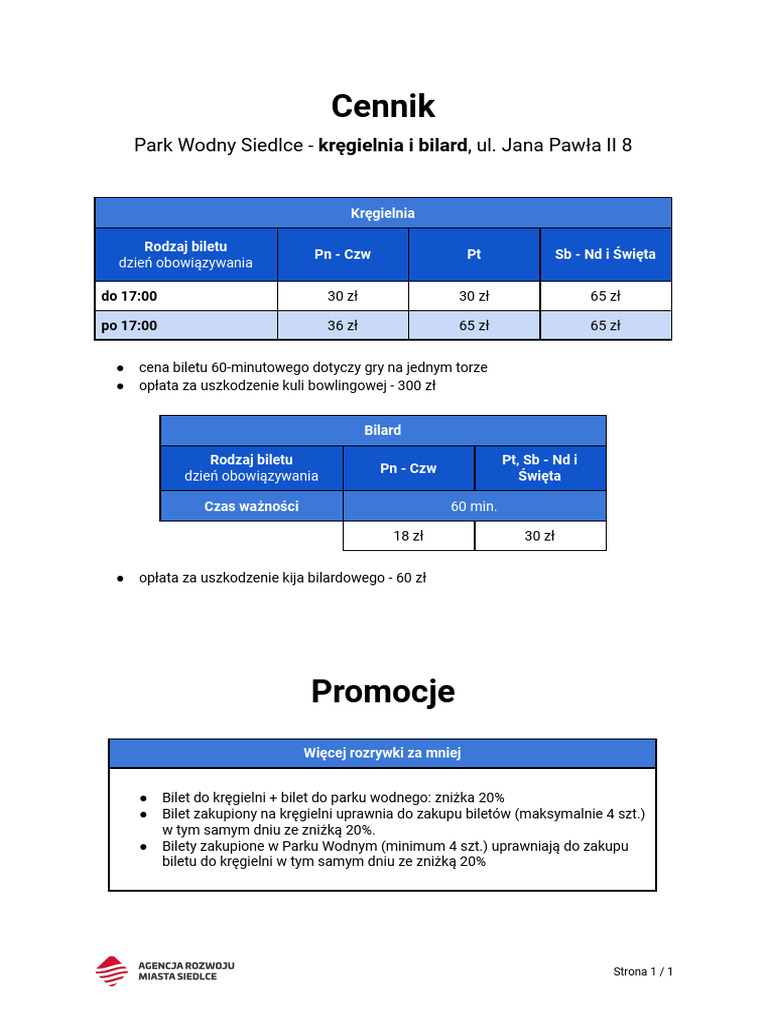 Park Wodny Siedlce - Cennik - Kręgielnia I Bilard | PDF