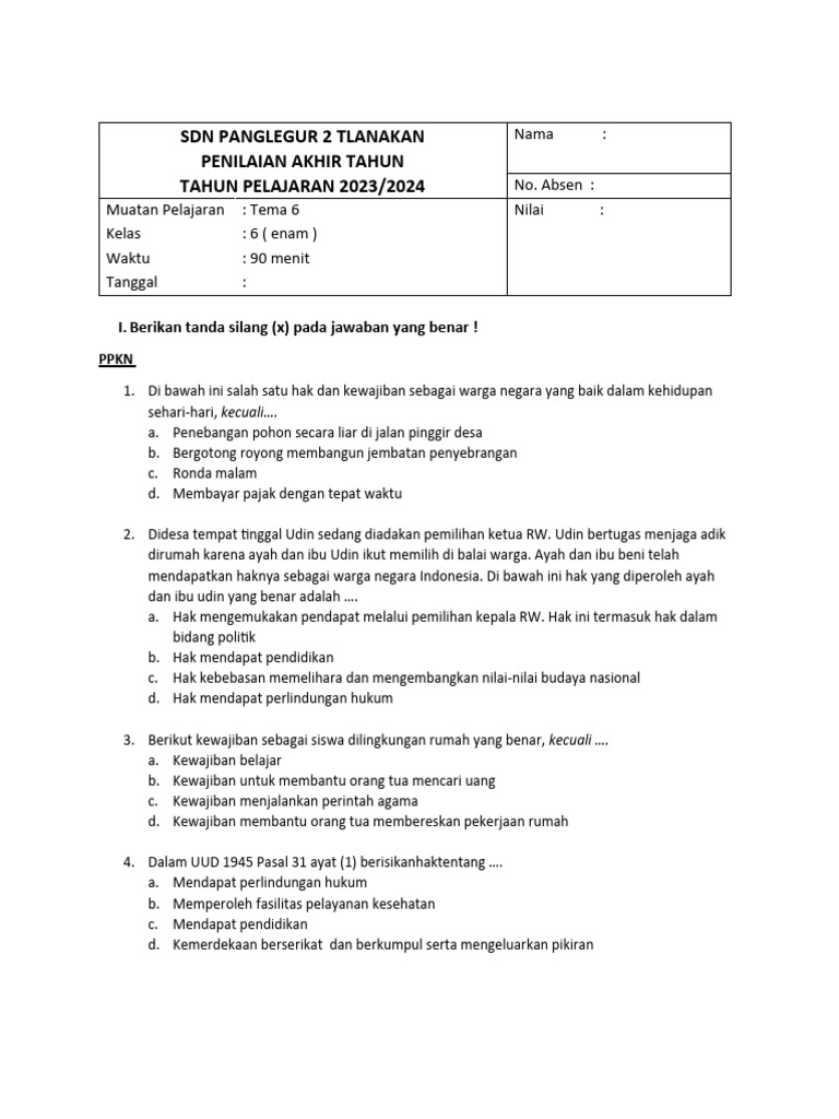 SOAL PAT KELAS 6 TEMA 6 SMT 2 | PDF