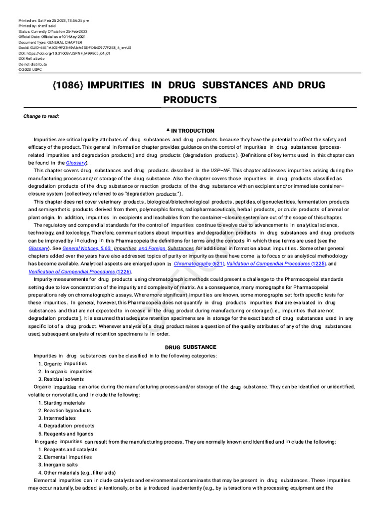 USP Chapter 1086: Impurities in Drugs | PDF | Chemical Substances ...