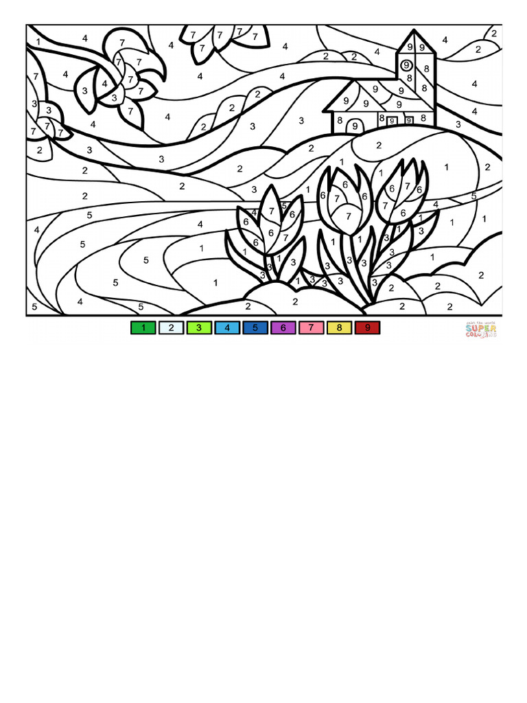 Dibujo de Escena de Primavera Color Por Número para Colorear - Dibujos ...