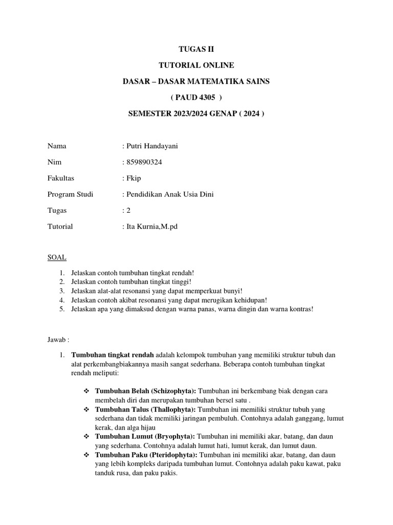 Tugas II, Dasar Matematika Sains, Nama, Putri Handayani, Nim, 859890324 ...