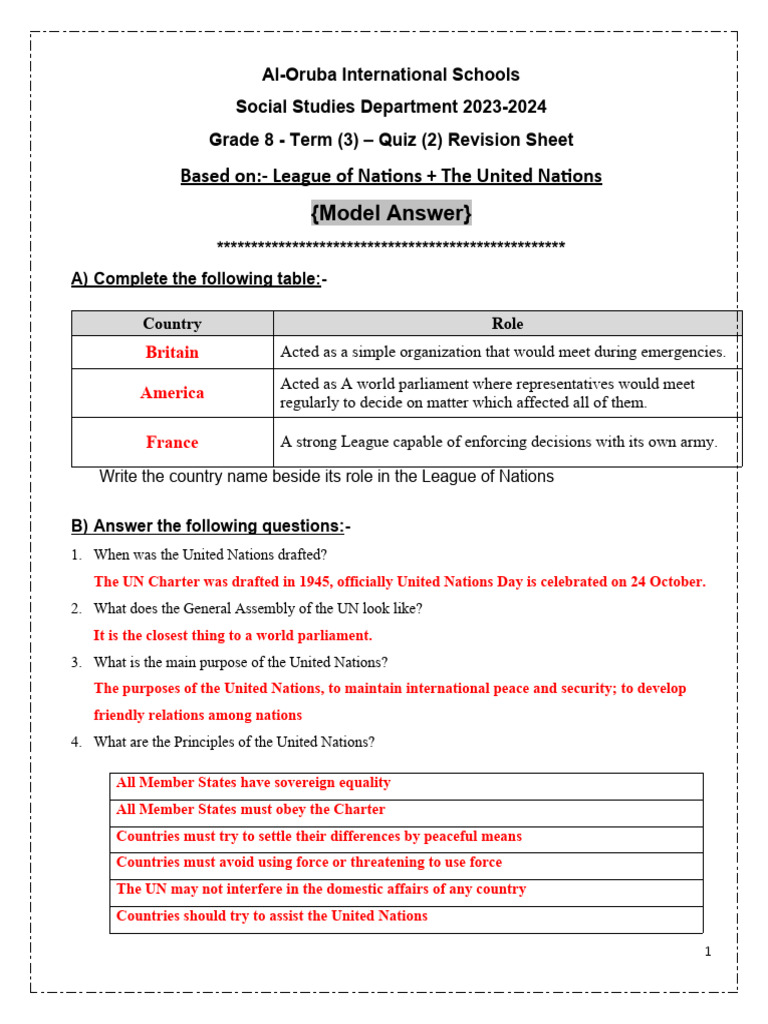 G8 3rd Term Revision - Quiz 2 - Model Answers | PDF | United Nations | International Relations