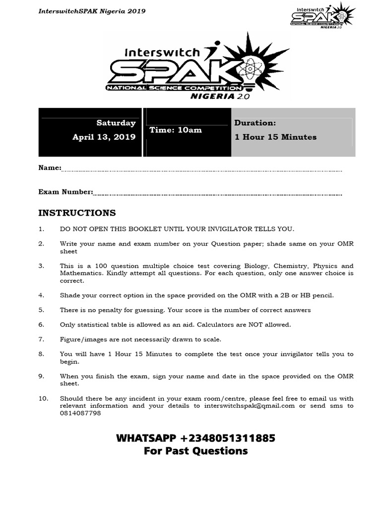 Interswitch SPAK Science Competition Past Questions | PDF | Tooth ...