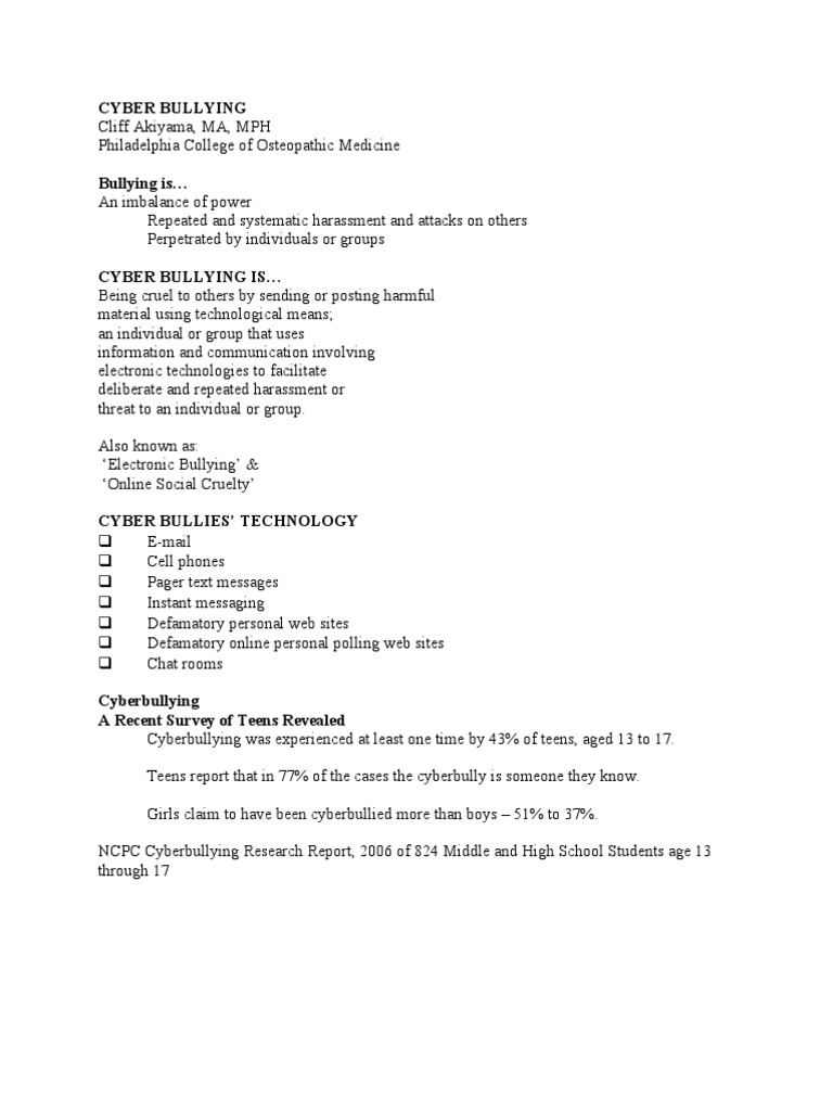 Cyber Bullying Outline by Cliff Akiyama | PDF | Cyberbullying | Bullying