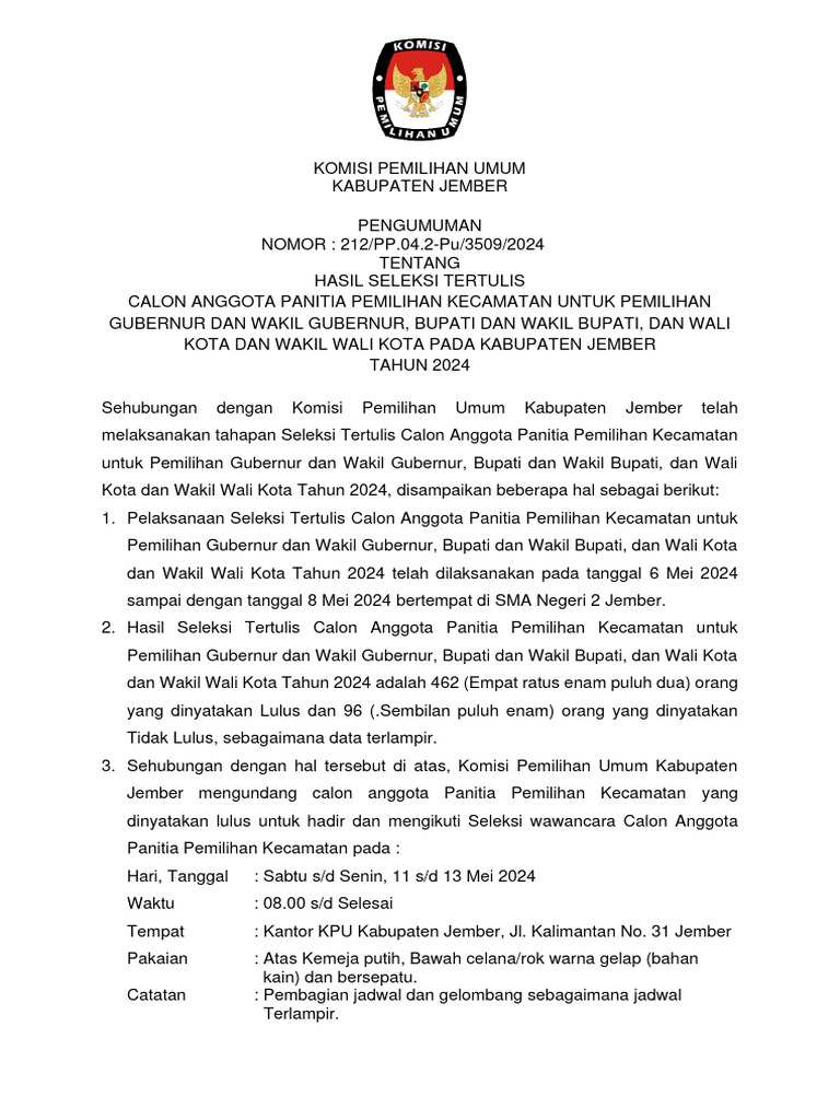 Pengumuman Hasil Seleksi Tertulis PPK Pilkada Tahun 2024 - Ok | PDF