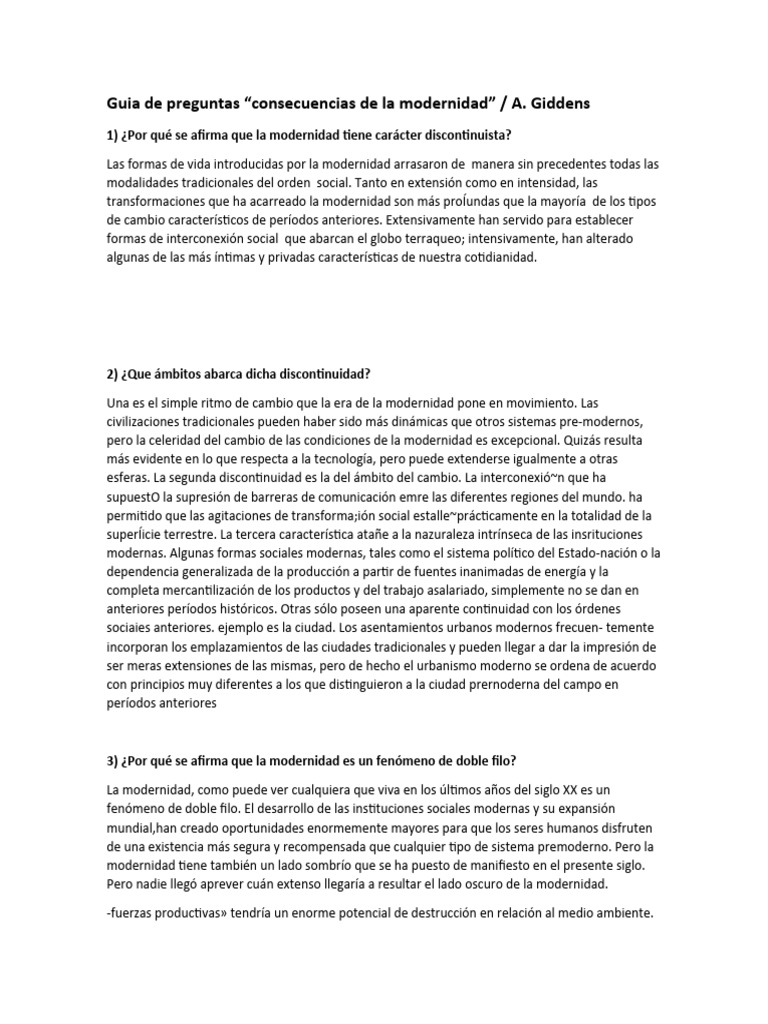 Guia de Pregs Giddens Cons. de La Mod | PDF | Modernidad | Capitalismo