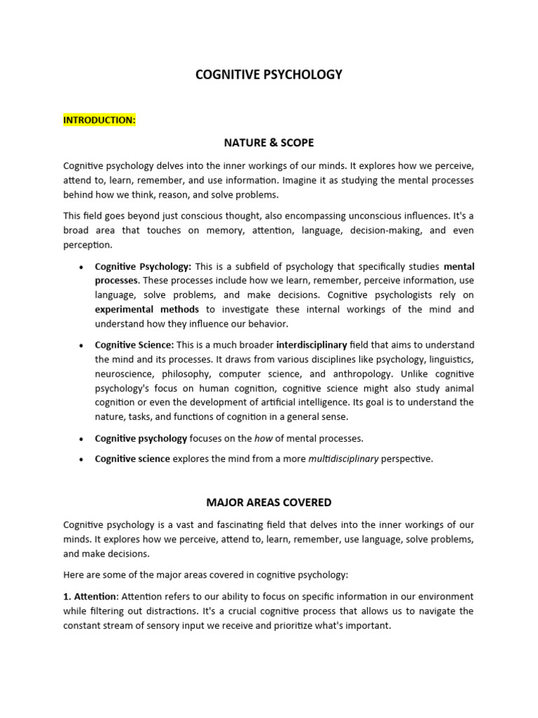 COGNITIVE PSYCHOLOGY Study Notes | PDF | Axon | Action Potential